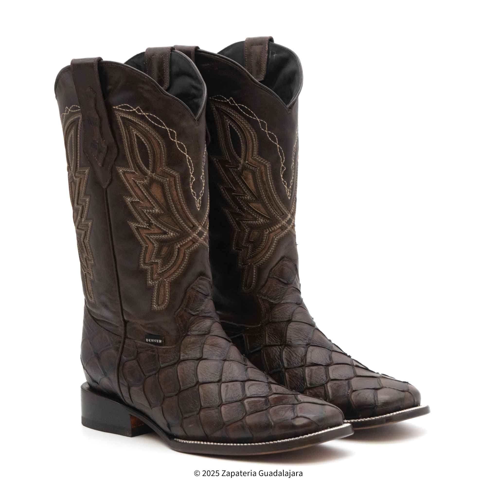MEN'S WIDE SQUARE TOE PRINT PIRARUCU MONSTER FISH BROWN LEAHTER BOOT ...