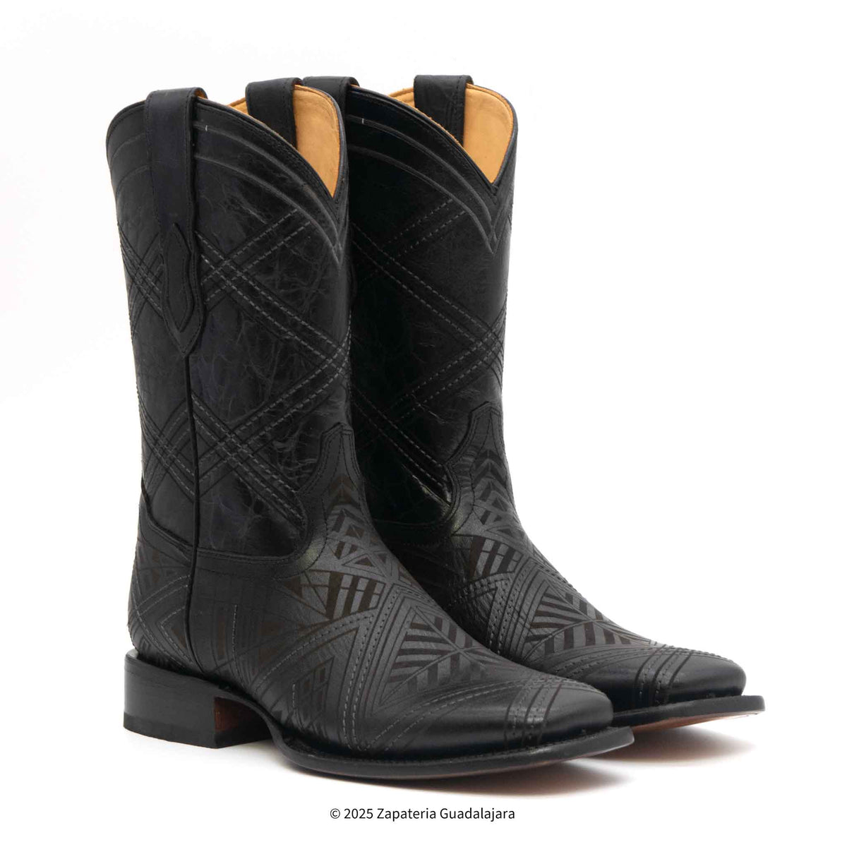 MEN'S WIDE SQUARE TOE LASER ENGRAVED BLACK LEATHER BOOT - H52R2605 ...