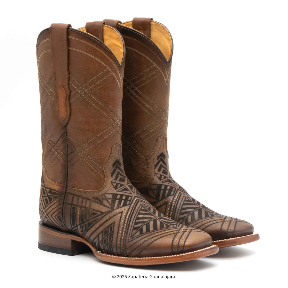 MEN'S WIDE SQUARE TOE LASER ENGRAVED HONEY LEATHER BOOT - H52R2651 ...
