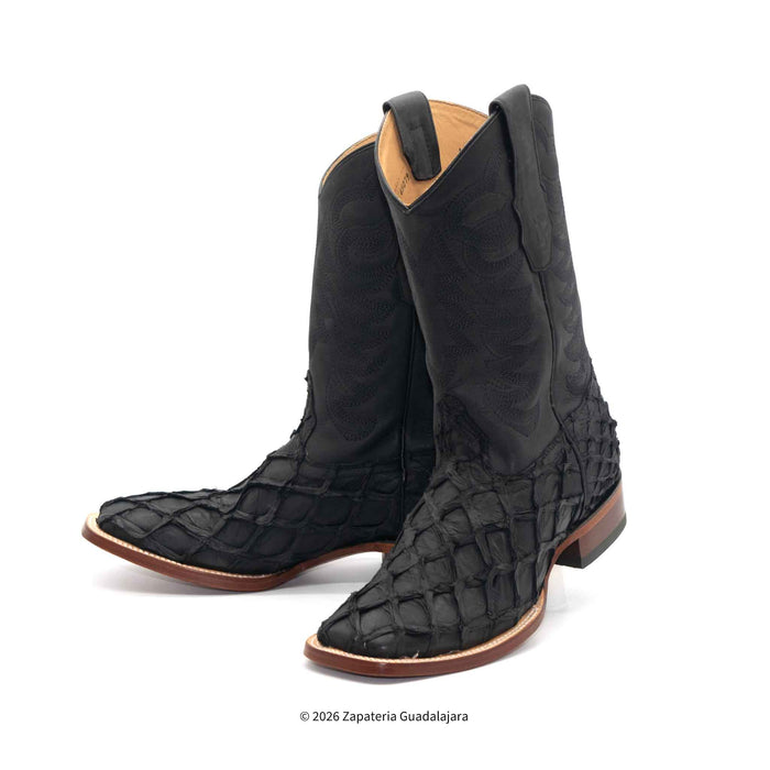Matte Black Pirarucu Wide Square Toe Leather Boot-8221069 | Genuine ...