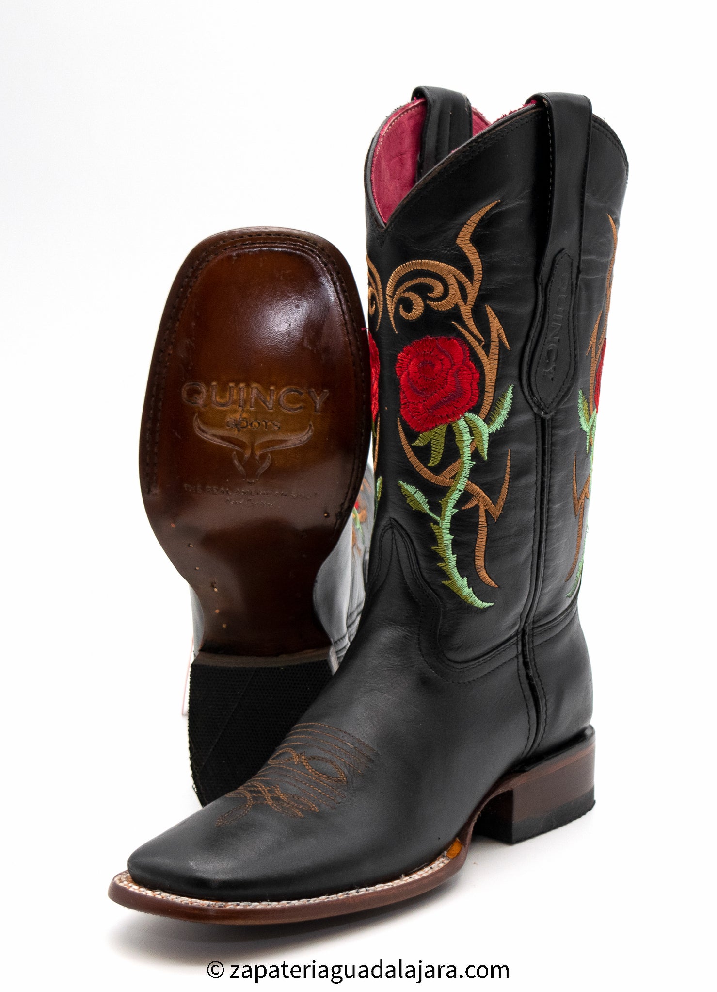 WOMEN'S WIDE SQUARE TOE RED ROSES BLACK LEATHER BOOT -Q322R6205 ...
