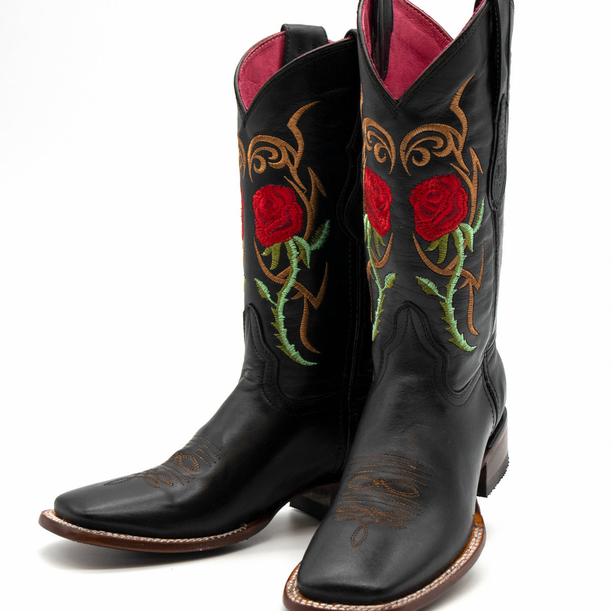 WOMEN'S WIDE SQUARE TOE RED ROSES BLACK LEATHER BOOT -Q322R6205 ...